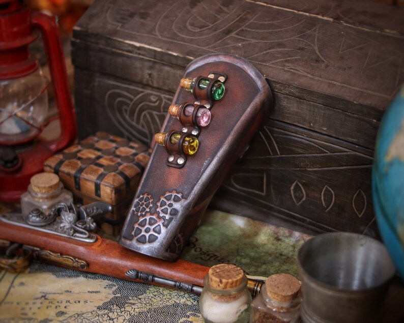 Steampunk Potion Leather Bracer Embossed Vambrace With 3 Bottle Potions ...