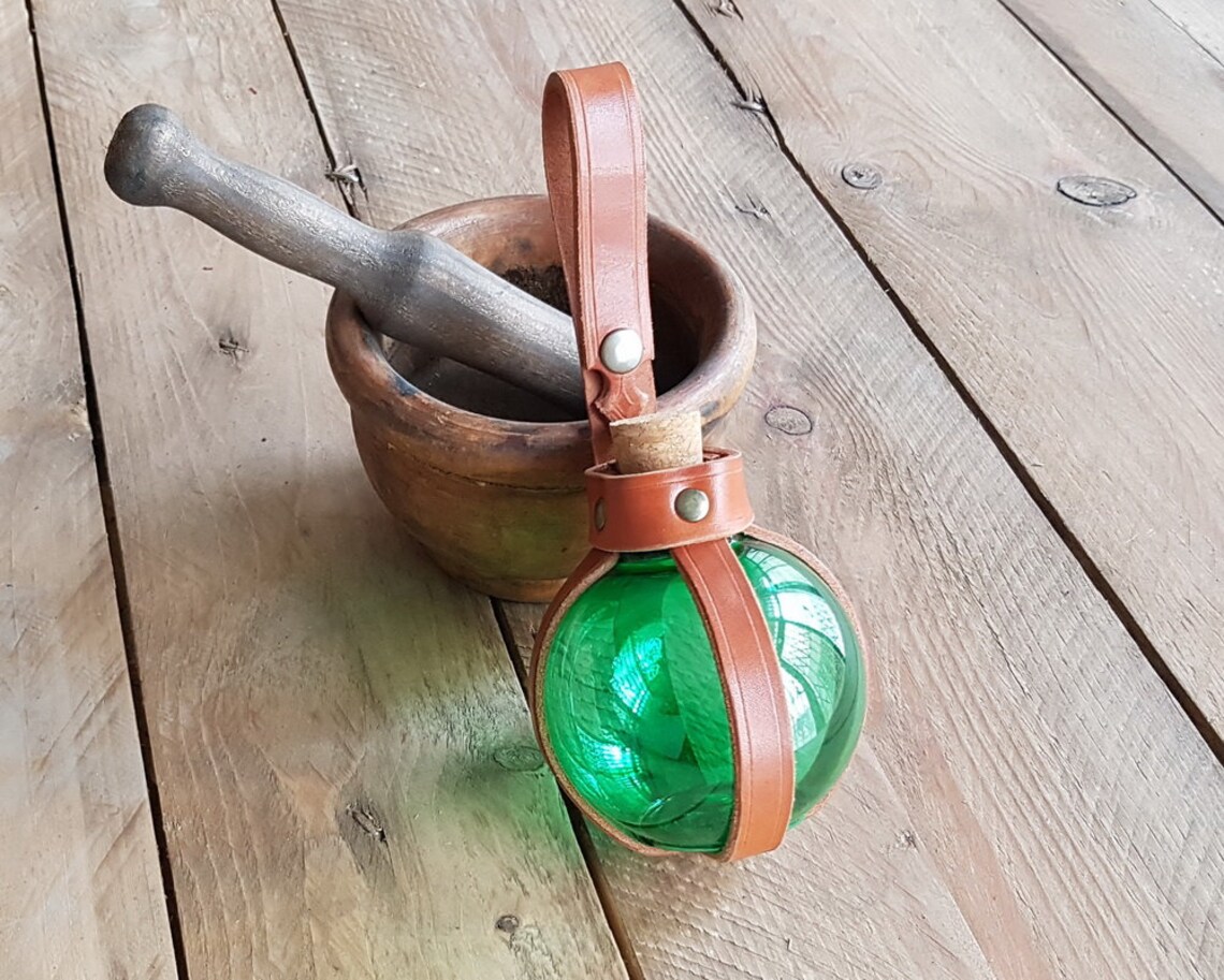 Green Potion Bottle With Leather Holder Potion Flask DRINKING | Etsy