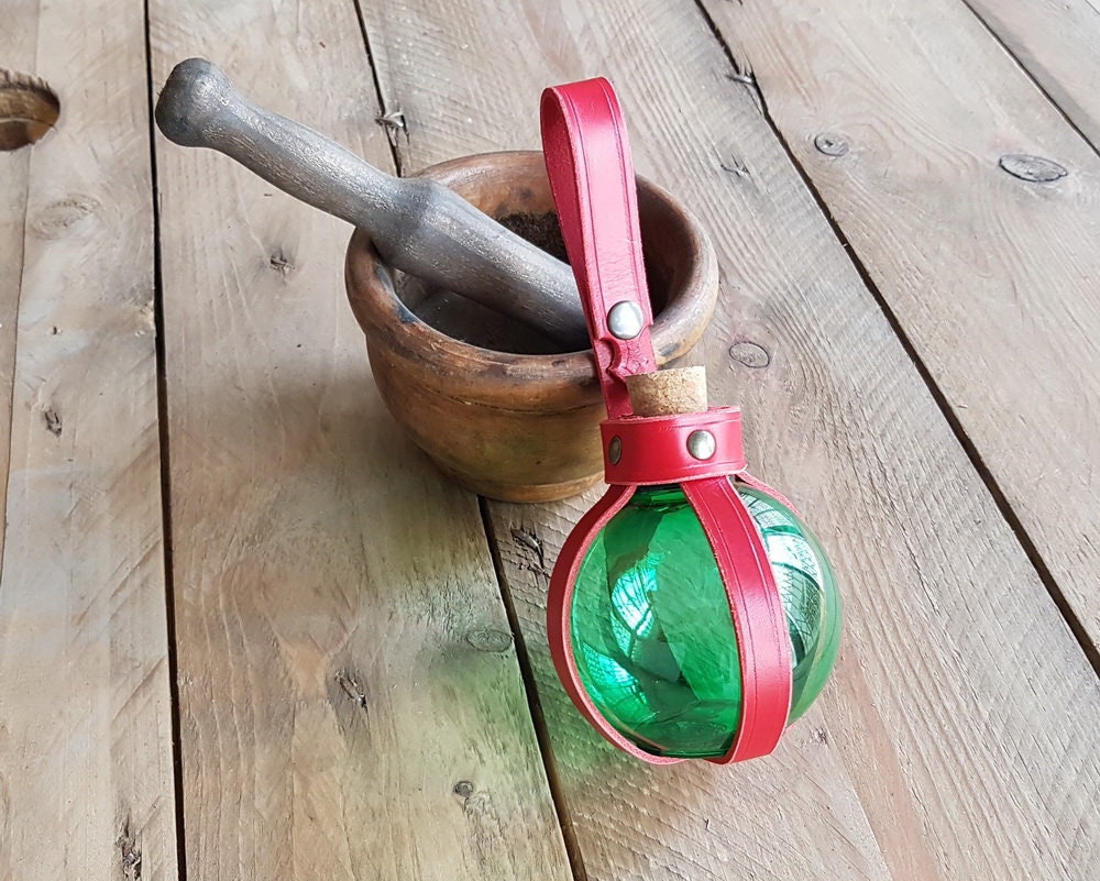 Green Potion Bottle With Leather Holder Potion Flask DRINKING | Etsy