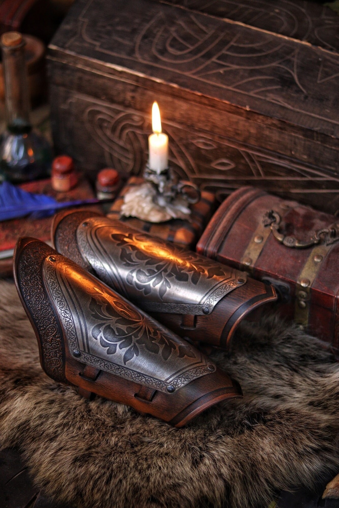 Medieval Leather and Metal Bracers Knight Costume LARP Armor Vambraces ...