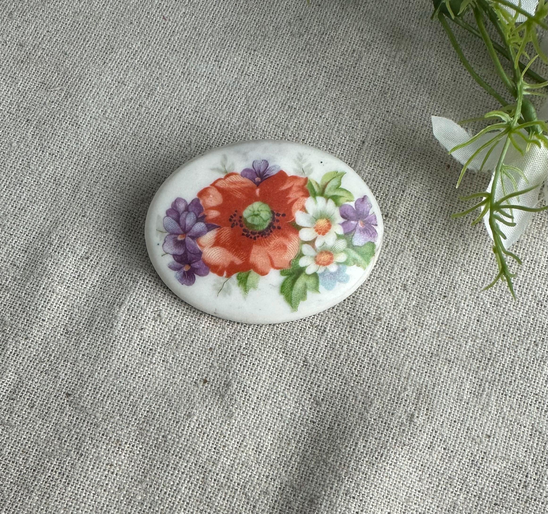 Vintage Ceramic Hand Painted Cabochon, Brooch, 2" X 1 1/2", Preowned ...