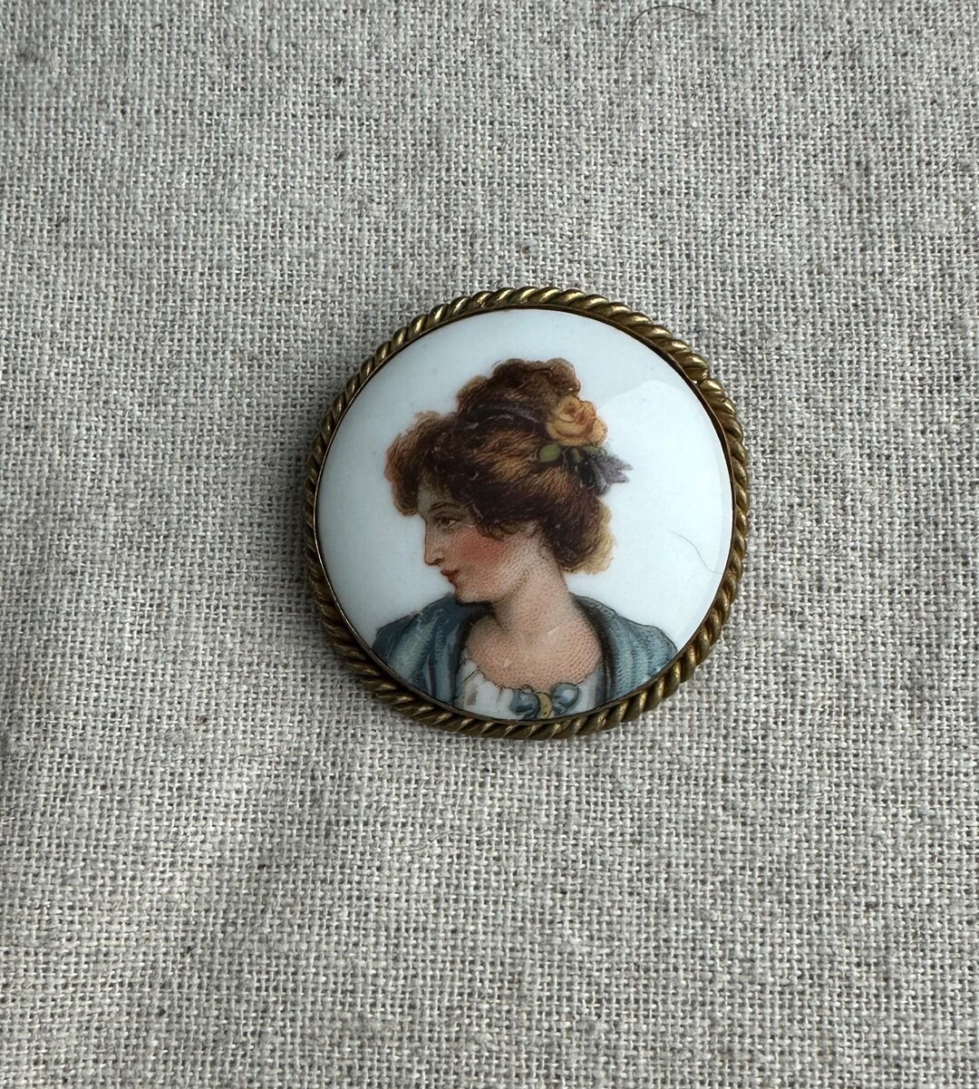 Antique Hand Painted Ceramic Cameo, Brooch, 1 1/2" in Diameter, Altered ...