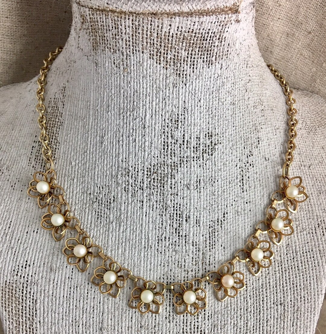 Flower and Faux Pearl Parure, Gold Filled?, Necklace 16", Bracelet 7 1/ ...