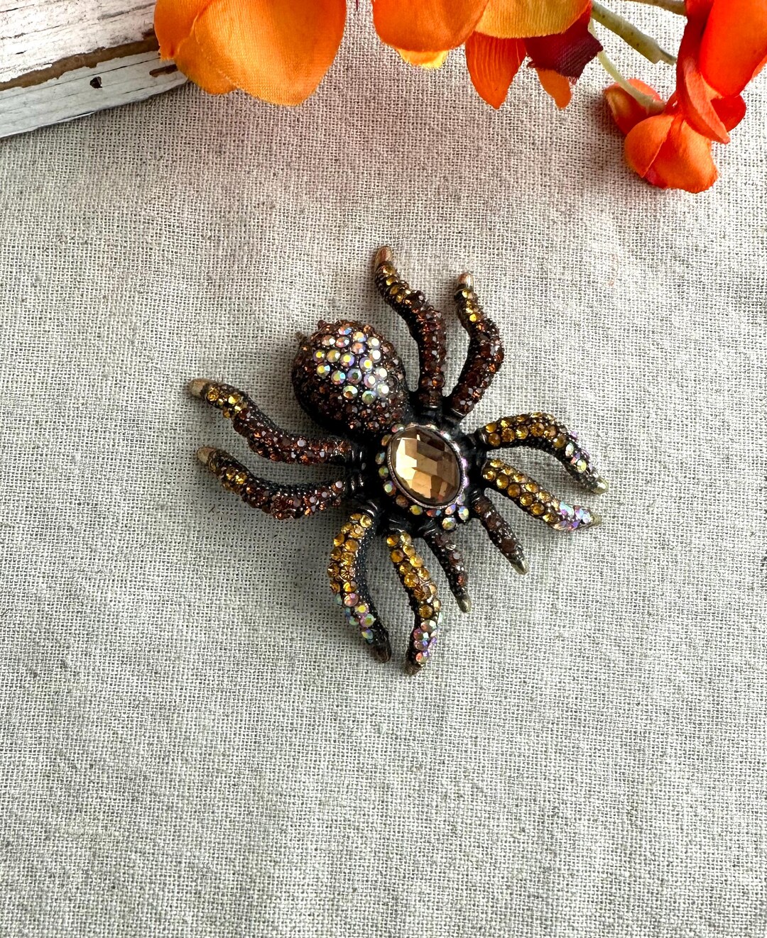 Spider Brooch, 2 5/8" X 2", Bronze Tone Base Metal, Orange Glued in ...