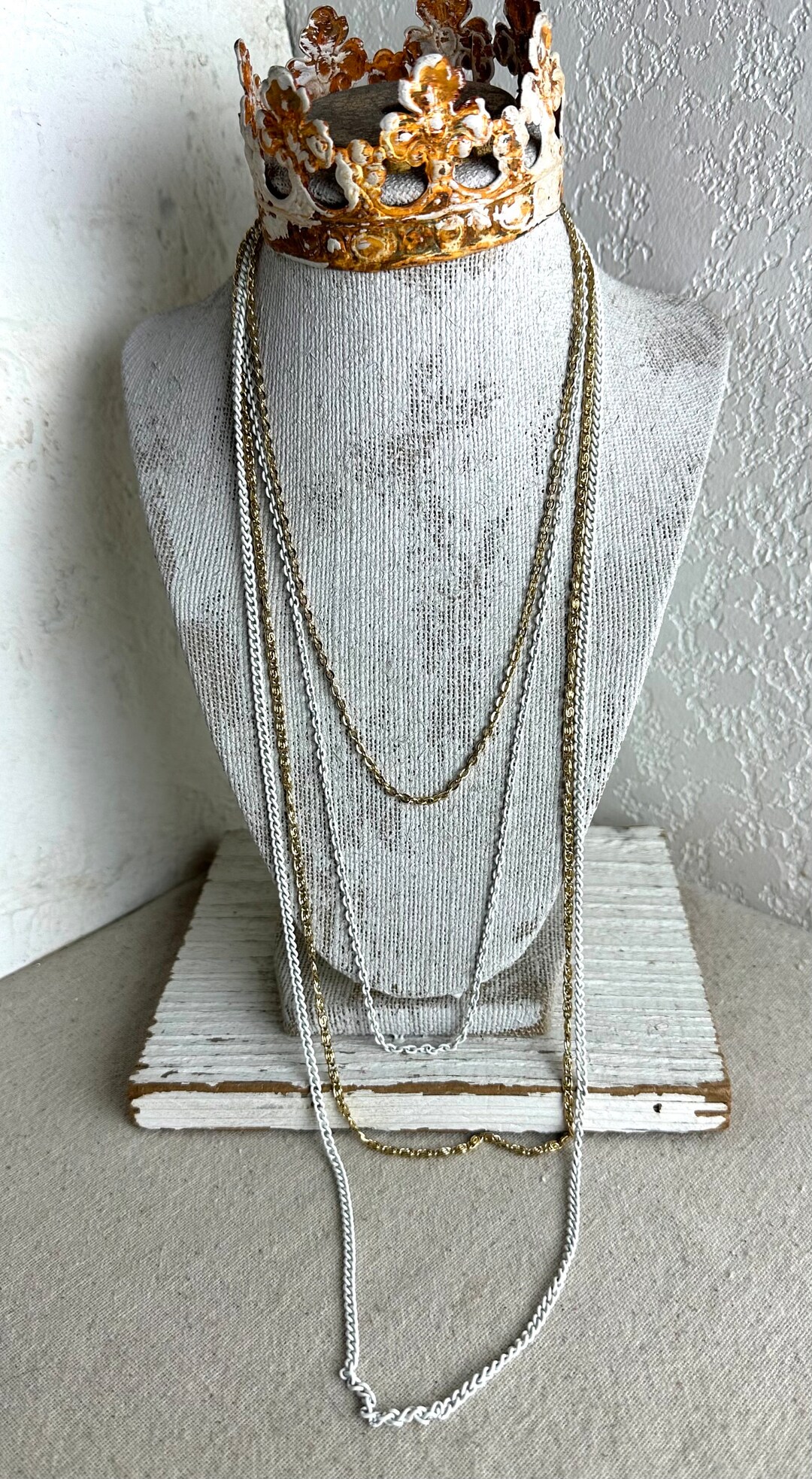 Two Tone Multi Strand Chain Necklace, Gold Tone and White Tone ...
