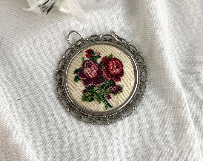 Vintage Petite Point Pendant, 1 7/8" in Diameter, Silver Tone Base ...