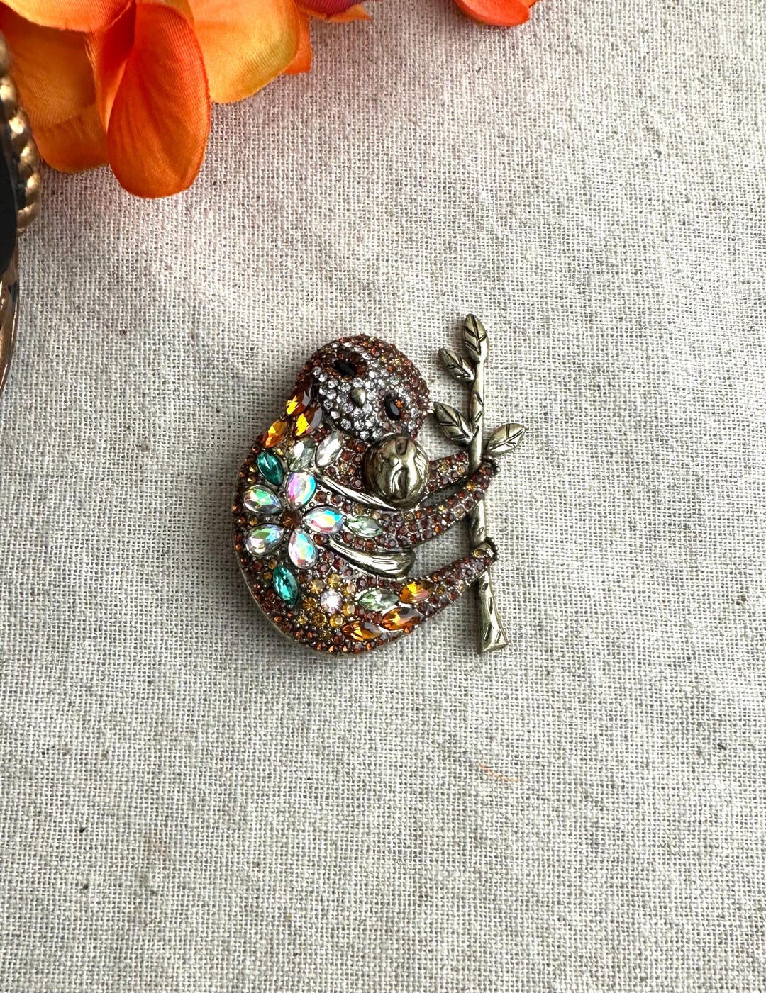 Sloth Brooch, 2 1/8" X 2", Bronze Tone Base Metal, Glued in Rhinestones ...