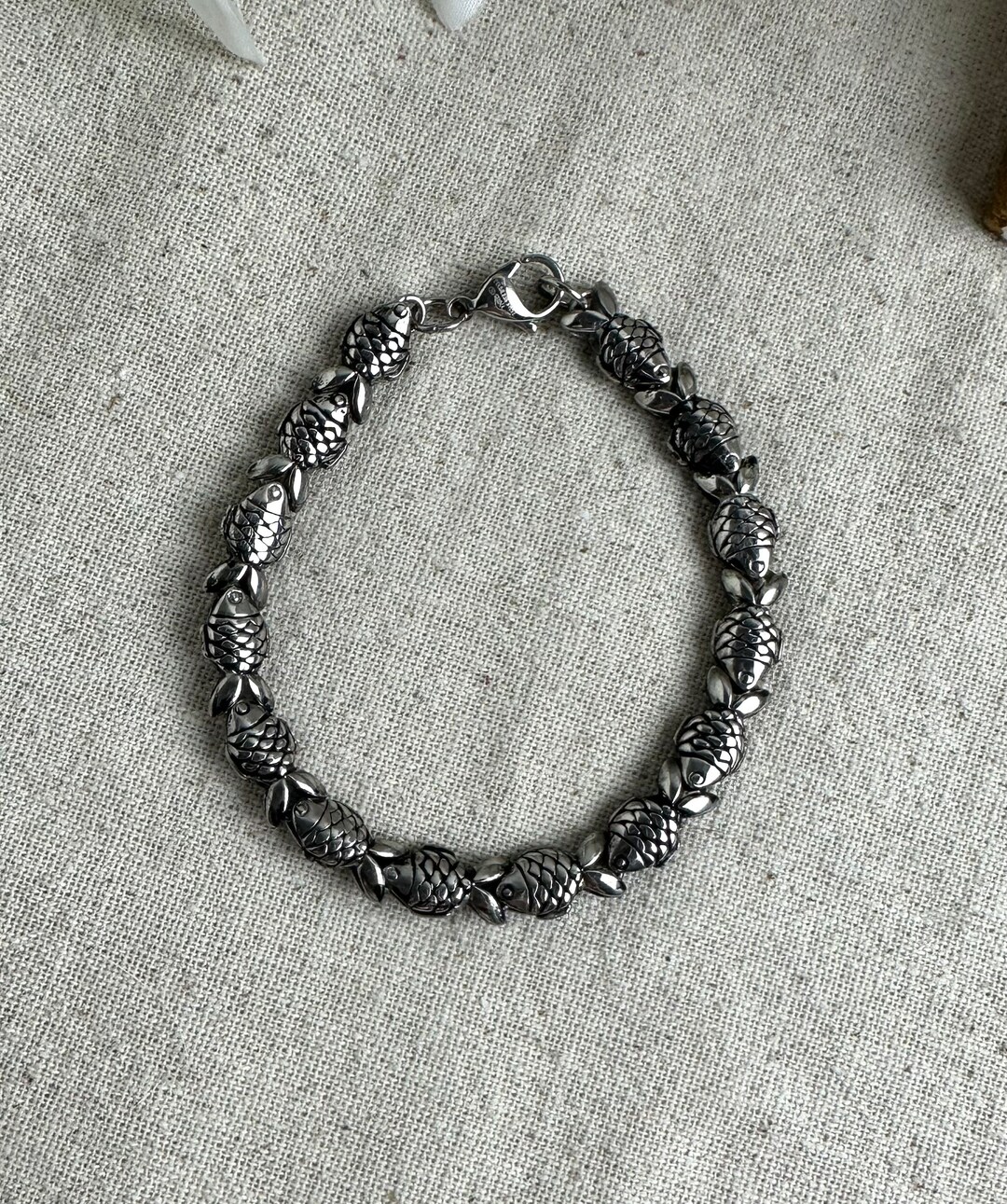 Fish Bead Bracelet, 8 1/4" Long, 8 Mm Wide, Silver Tone Base Metal ...