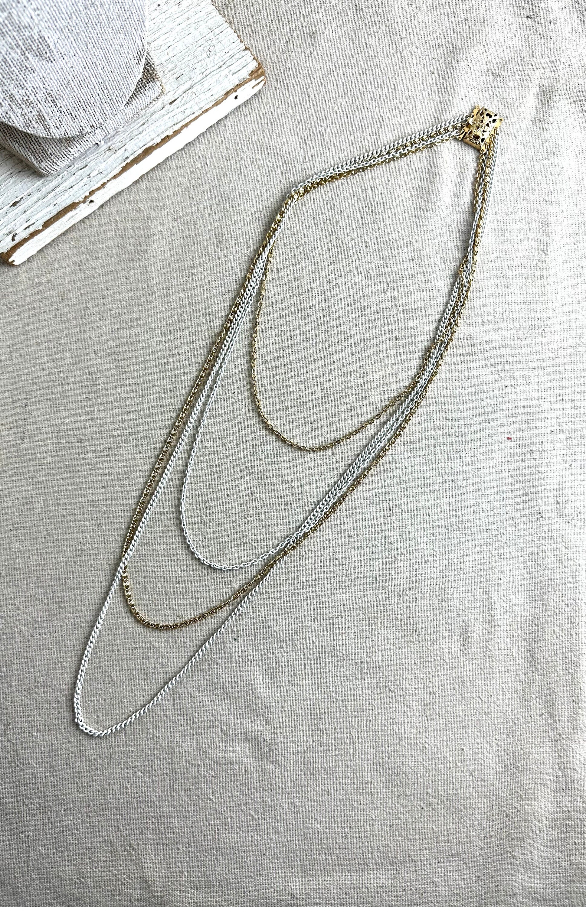 Two Tone Multi Strand Chain Necklace, Gold Tone and White Tone ...