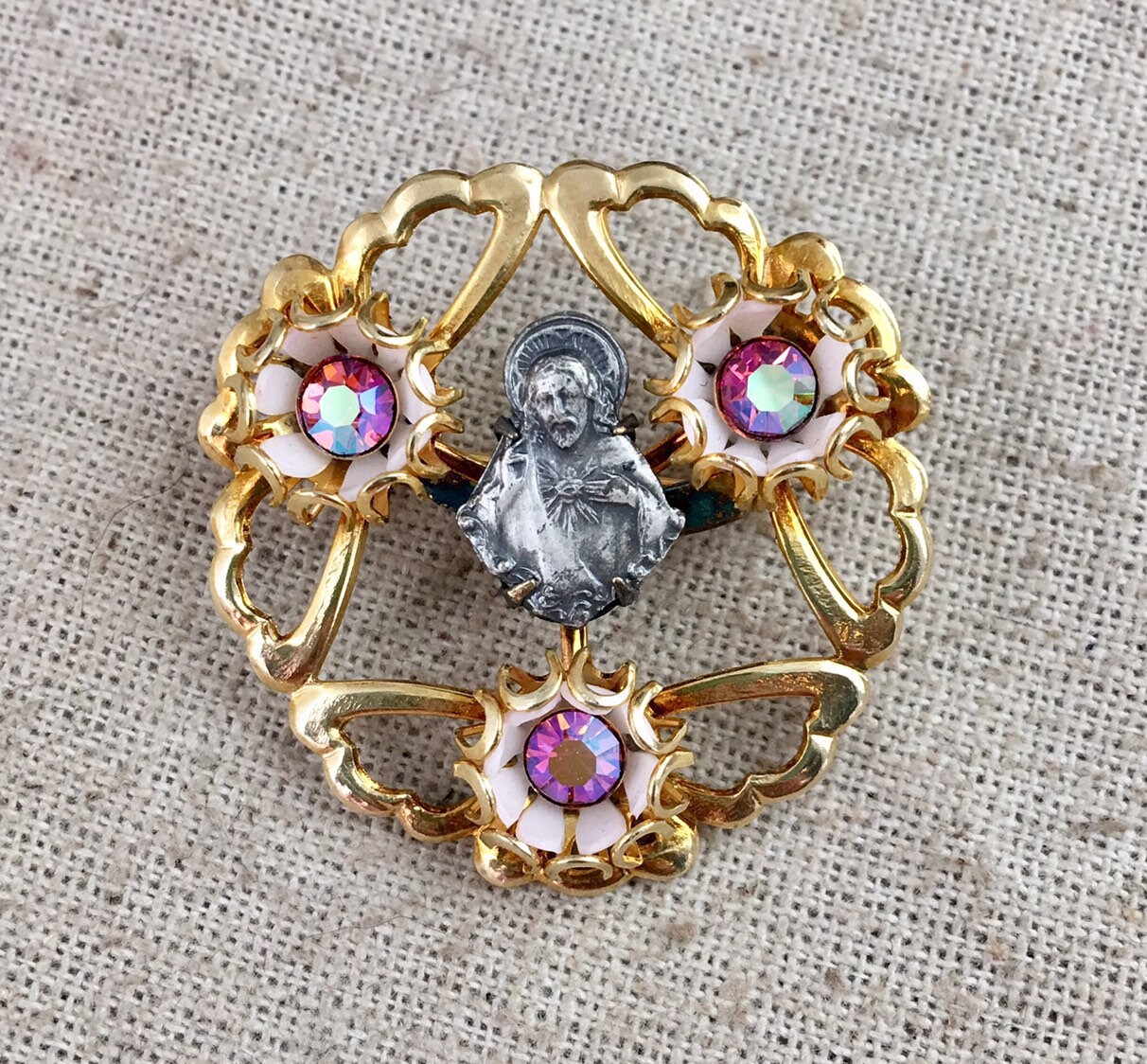 Vintage Religious Pin Gold Tone Base Metal Pink Rhinestones | Etsy