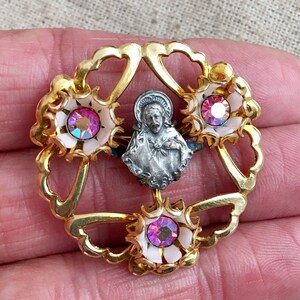 Vintage Religious Pin, Gold Tone Base Metal, Pink Rhinestones With AB ...