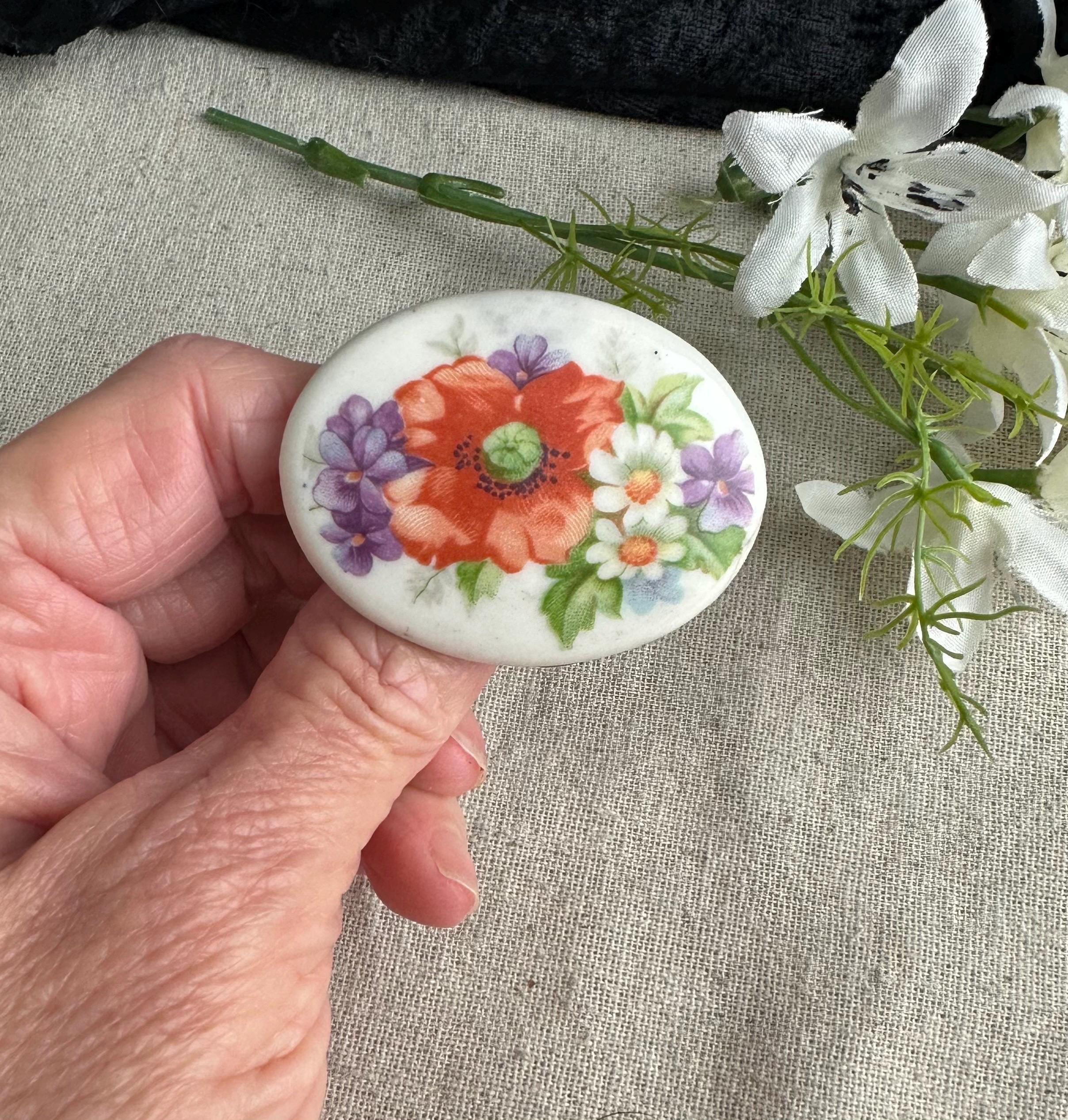 Vintage Ceramic Hand Painted Cabochon, Brooch, 2" X 1 1/2", Preowned ...