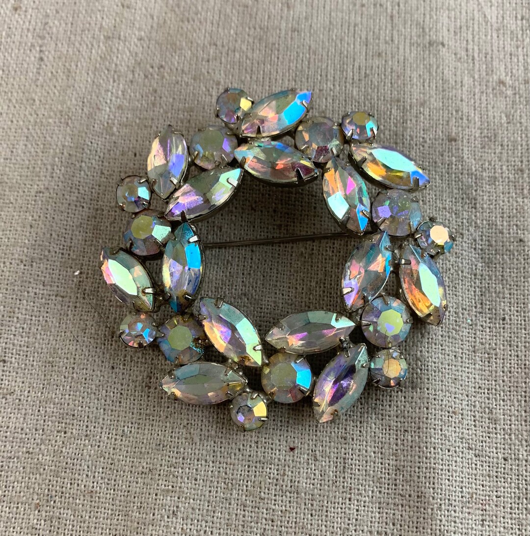 Weiss Aurora Borealis Rhinestone Wreath Brooch, 2 3/8" Diameter, Silver ...