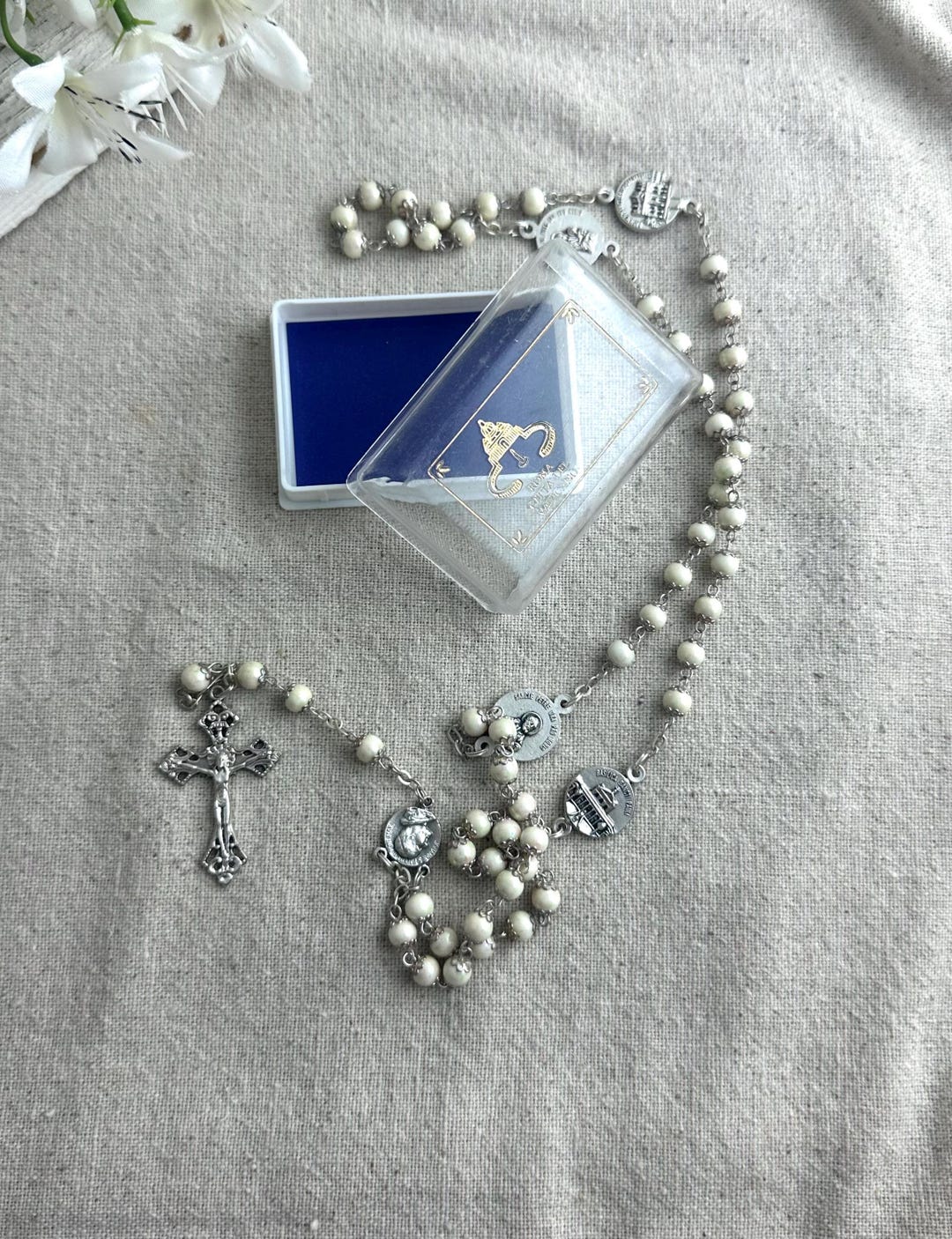 Rosary in Vatican Plastic Box, 2 5/8" X 2" Box, 20" Long Overall, 5/8" Stations, Solver Tone ...