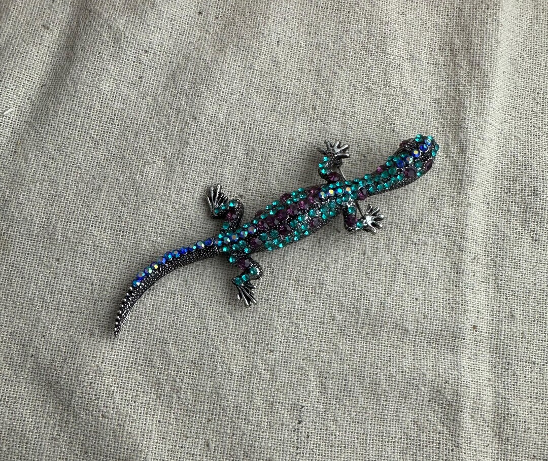 Rhinestone Lizard Brooch With Articulated Tail, 4" X 1", Silver Tone ...
