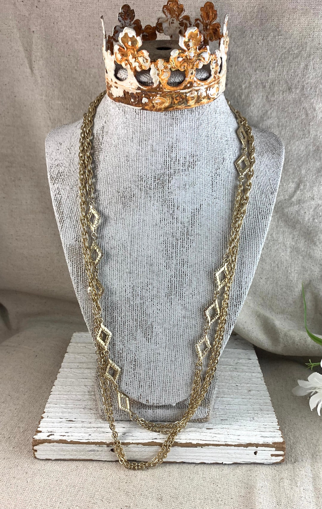 Vintage Station Chain Necklace, 50 Long, Diamond Shape Stations, Gold ...