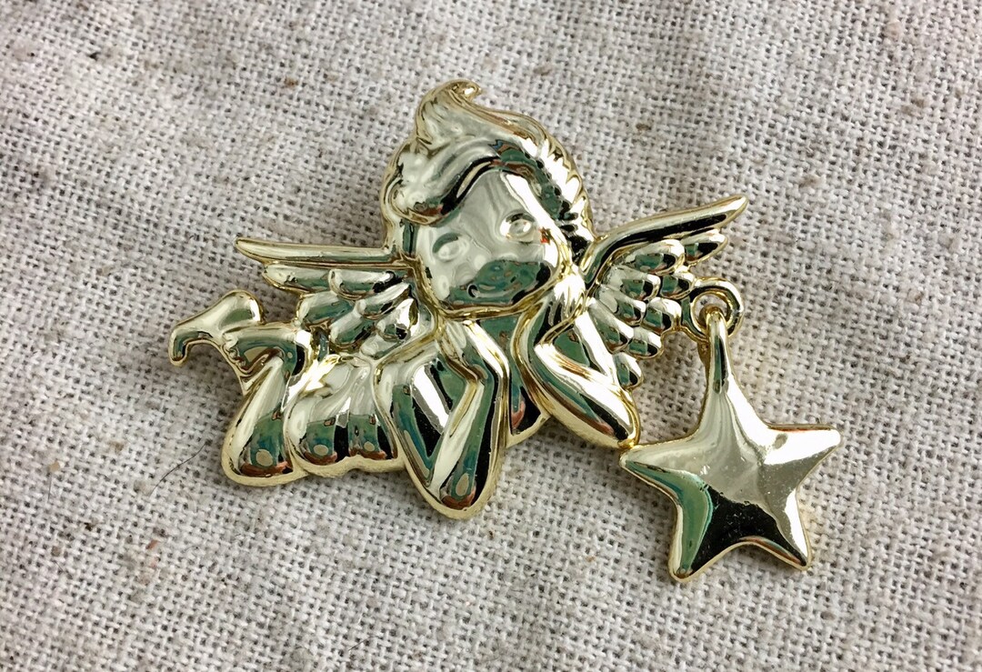 Vintage AJC Cherub Brooch, Shiny Gold Tone With Star Charm - Etsy