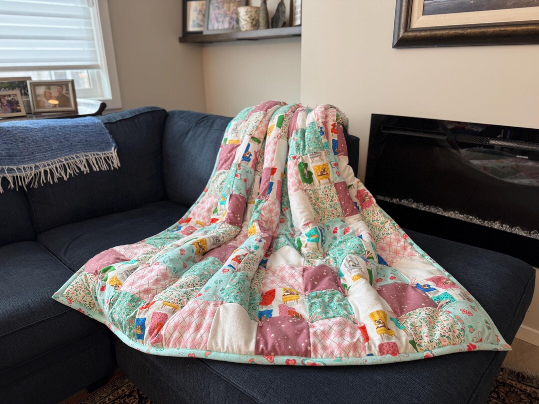 Handmade Cats on Chairs Flannel Throw Quilt: Pink & Aqua - Etsy