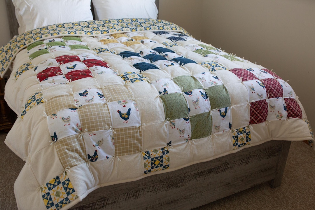 Handmade Flannel Patchwork Quilt in a Traditional Nine Patch Design With Chickens New Finished ...