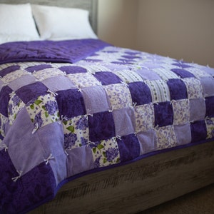 New Purple Lilacs Handmade Hand Tied Flannel Patchwork Quilt for Sale, Purple Comforter, Mauve ...