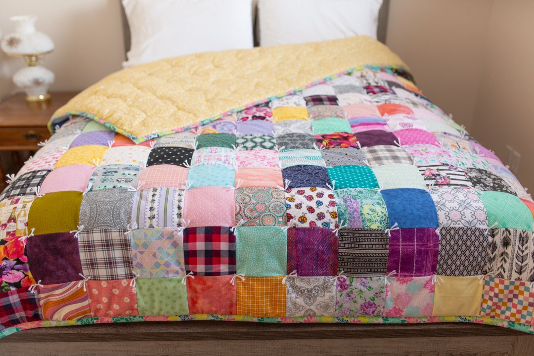 New Retro Multi-color Patchwork Quilt, Mauve, Yellow, Pink, Blue, White, Crazy Quilt, Vintage ...