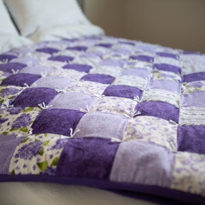 New Purple Lilacs Handmade Hand Tied Flannel Patchwork Quilt for Sale, Purple Comforter, Mauve ...