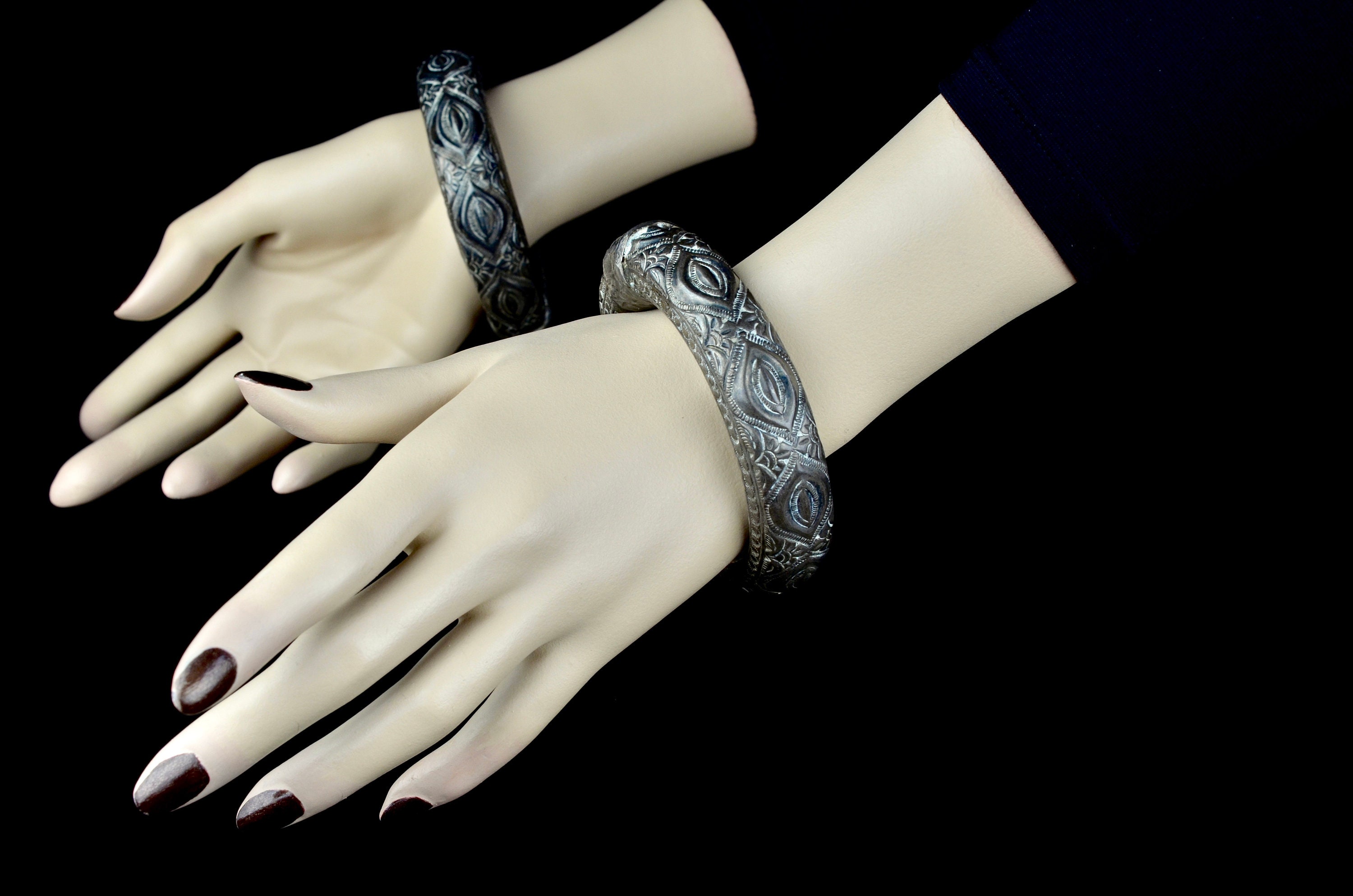 Rare Pair of Omani Antique Silver Elbow Rings with Evil Eye Design