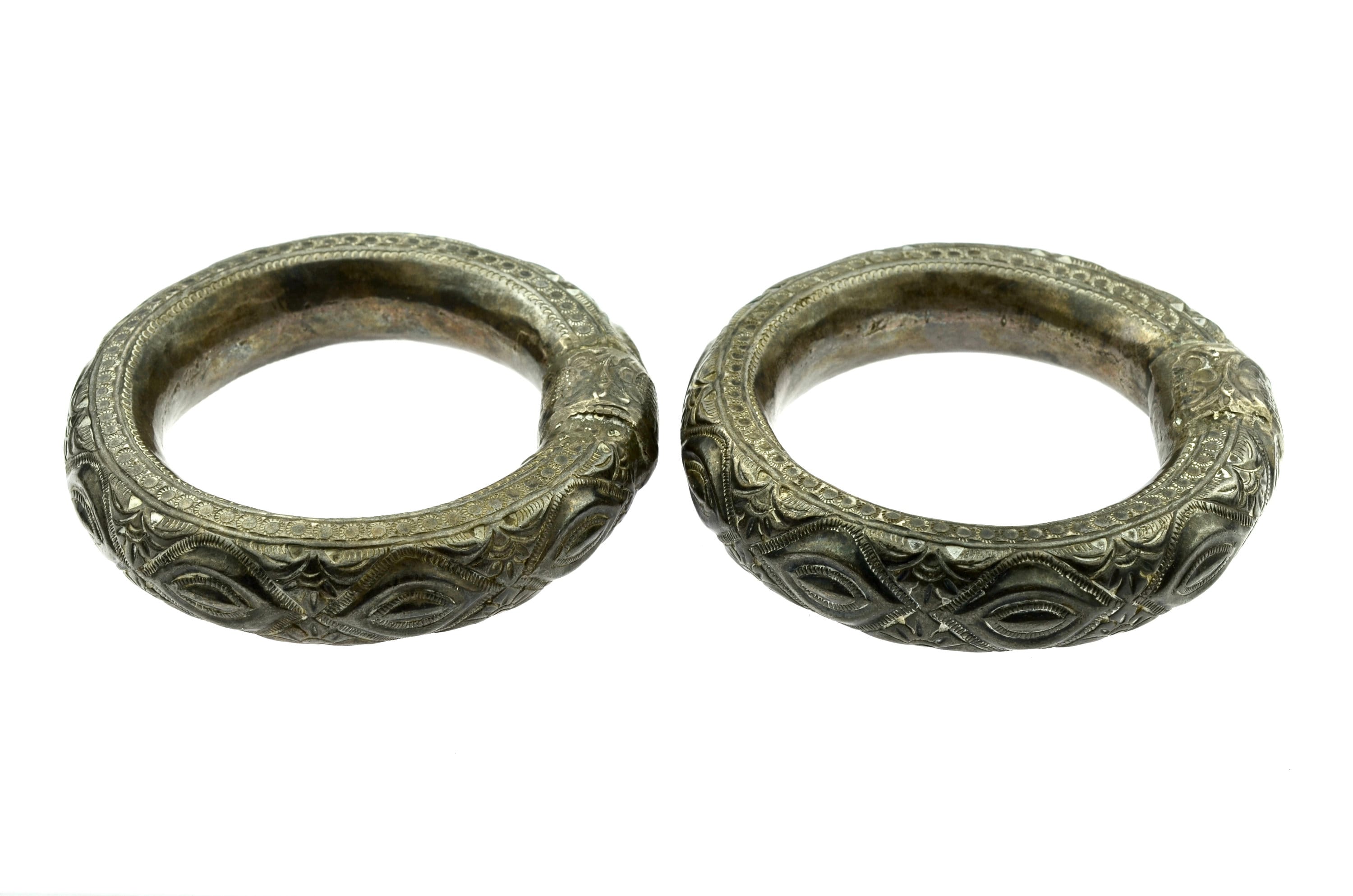 Rare Pair of Omani Antique Silver Elbow Rings with Evil Eye Design