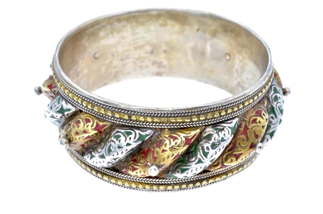 Antique Moroccan Tribal Bracelet in Silver With Gold Leaf, Polychrome ...
