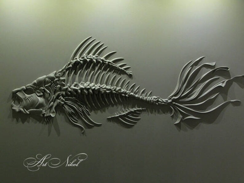 Bas Relief 3D Wall Art Fish Skeleton Sculptural Painting Wall Sculpture ...