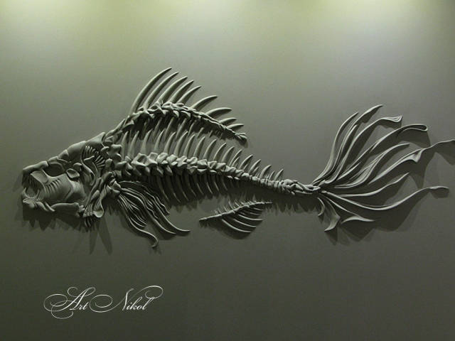 Bas Relief 3D Wall Art Fish Skeleton Sculptural Painting Wall Sculpture ...