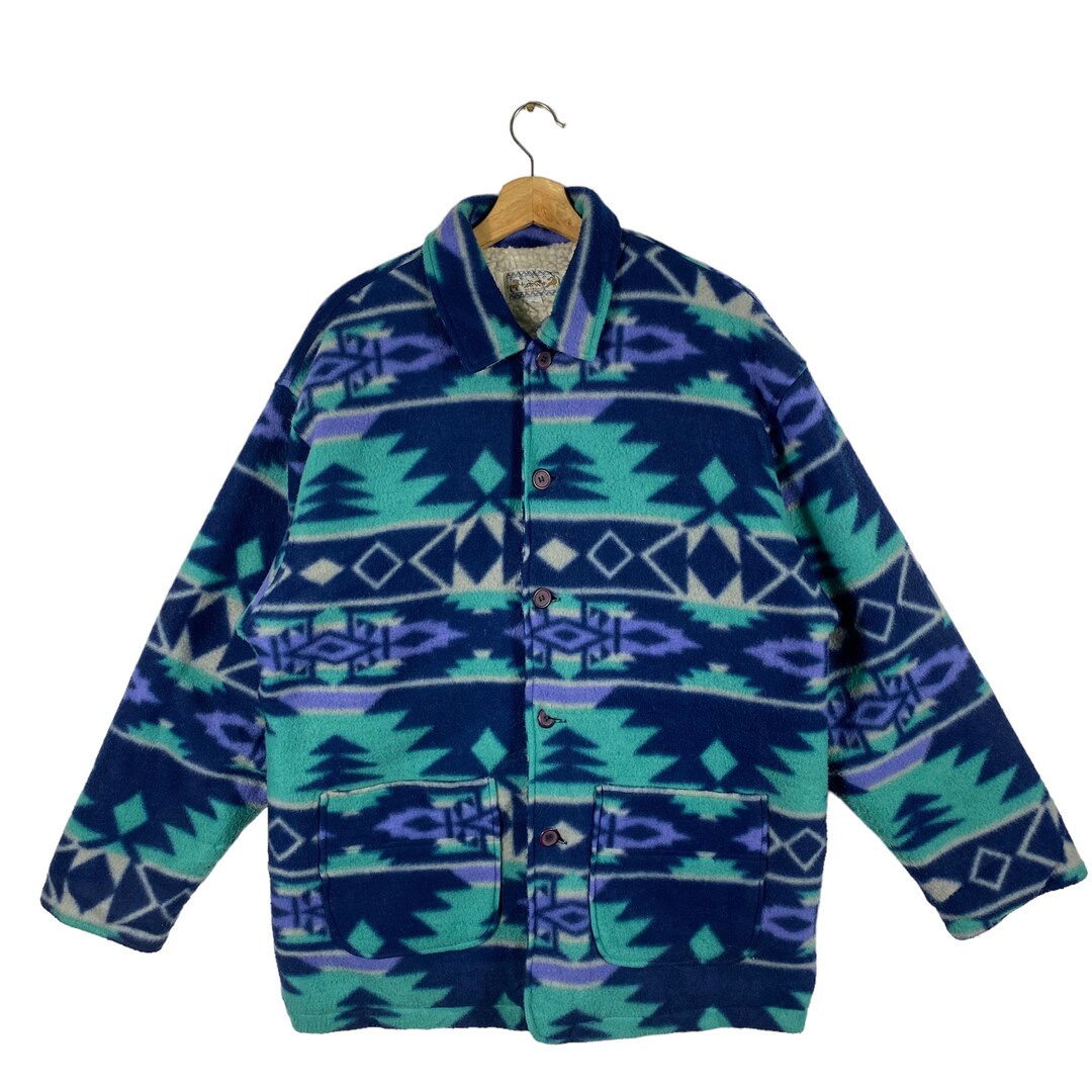 Vintage 90s Impresso Native Design Button Fleece Jacket L Blue/green ...