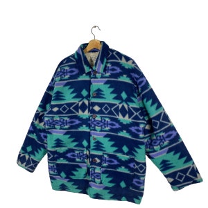 Vintage 90s Impresso Native Design Button Fleece Jacket L Blue/green ...