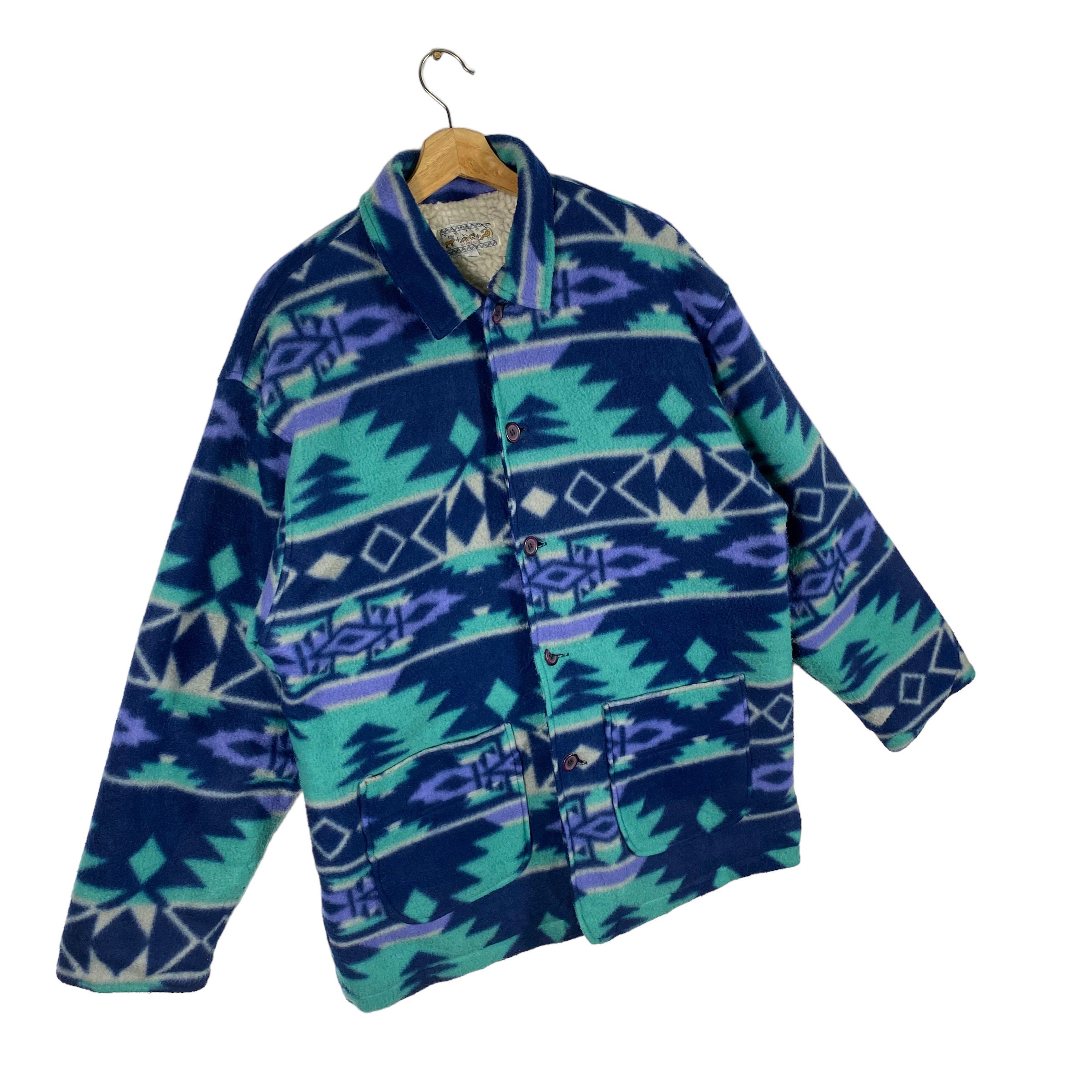 Vintage 90s Impresso Native Design Button Fleece Jacket L Blue/green ...