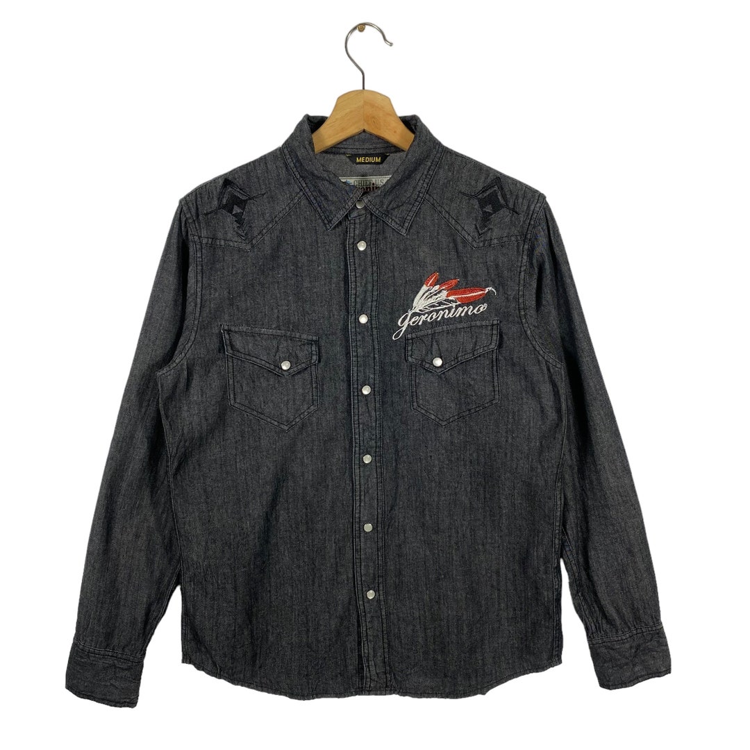 Vintage 90s Geronimo Embroidery Denim Shirt Snap Button M Size Black ...