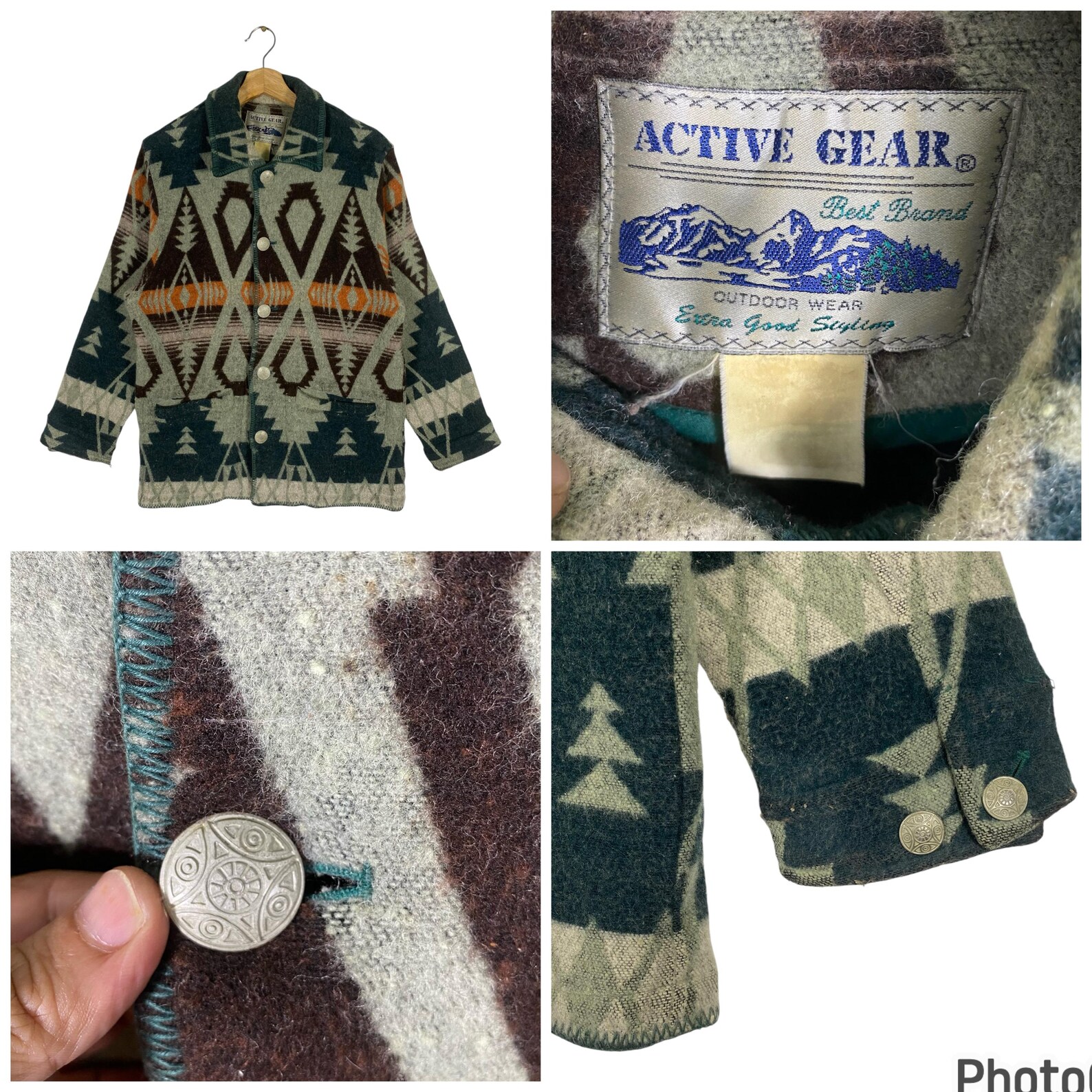 Vintage 90s Active Gear Aztec Native Design Button Jacket M Size Green ...