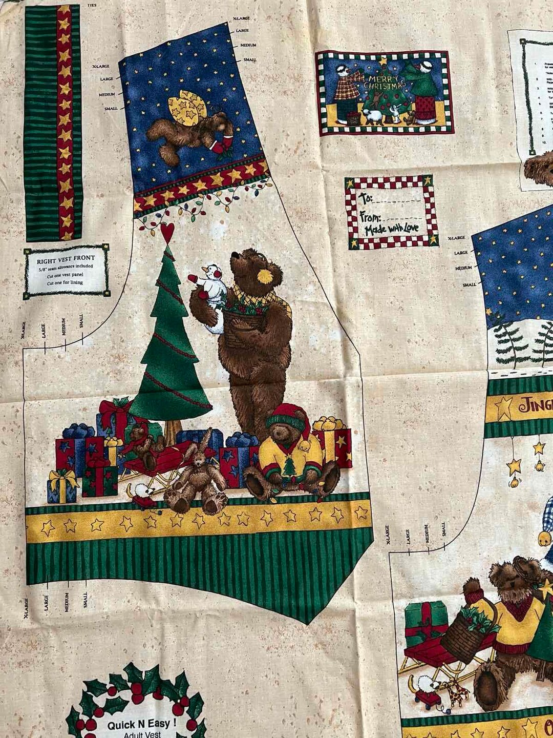 Teresa Kogut Fabric Panel Adult Size Vest Sewing Deck the Halls / BEARS AND HOLLY, Christmas ...