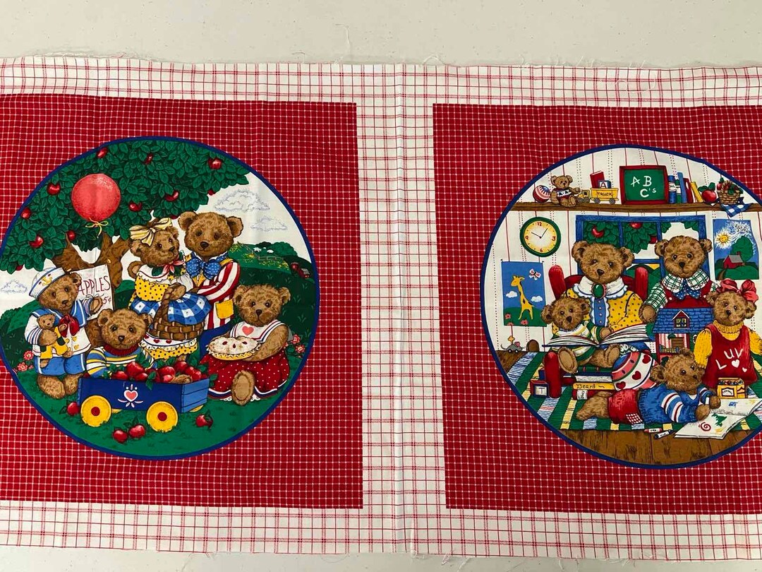School Bears Picnic Fabric Panel DIY Pillow Cover Quilt Sewing Kit ...