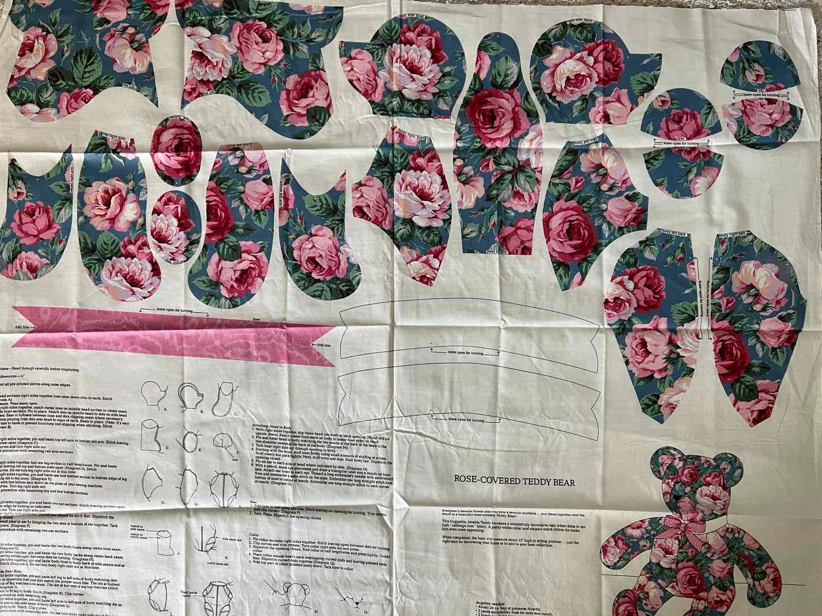 Vintage Pink Roses Floral Teddy Bear Fabric Panel by Cranston Print ...