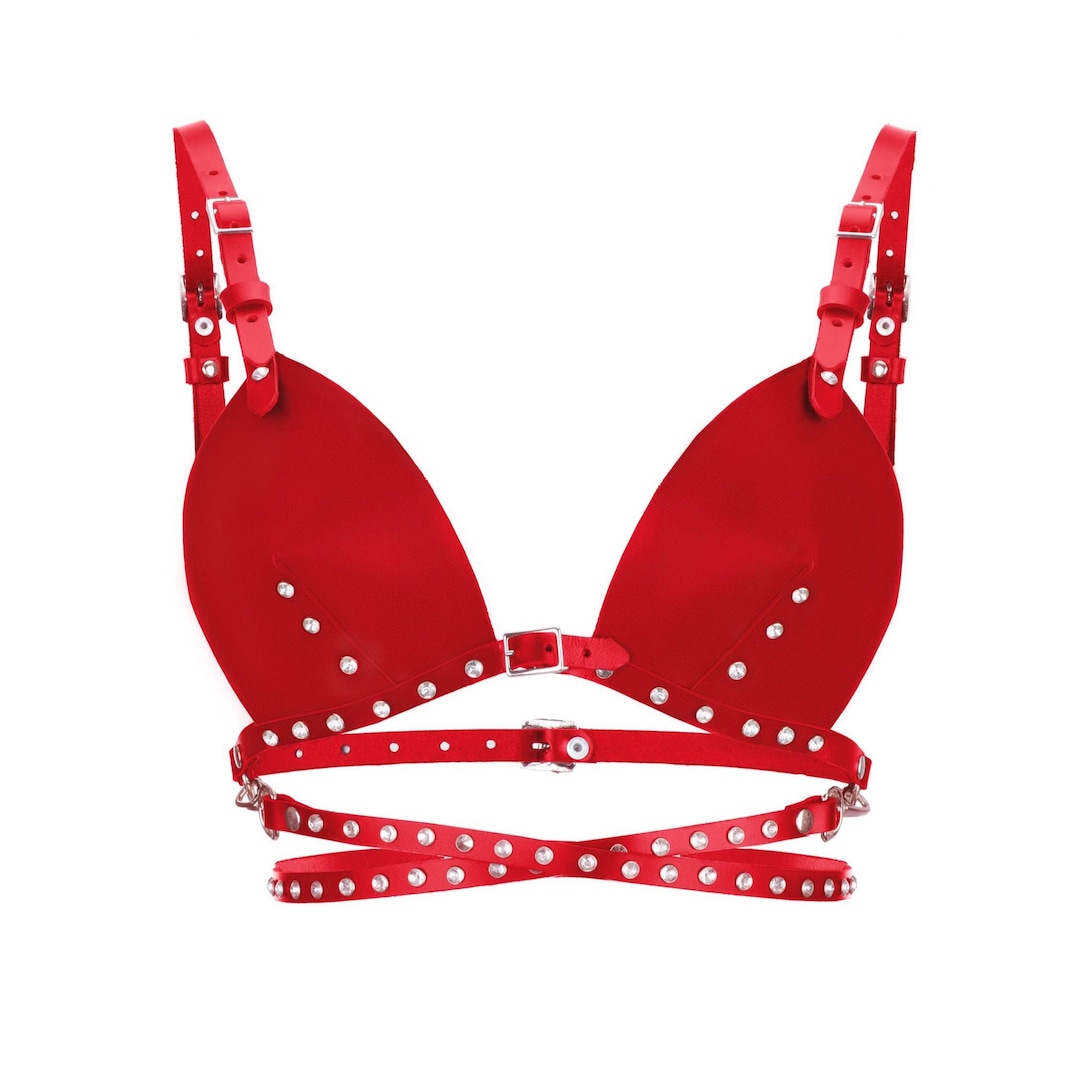 Red Leather Bra Harness, Leather Lingerie, BDSM Gear for Women, Cage ...