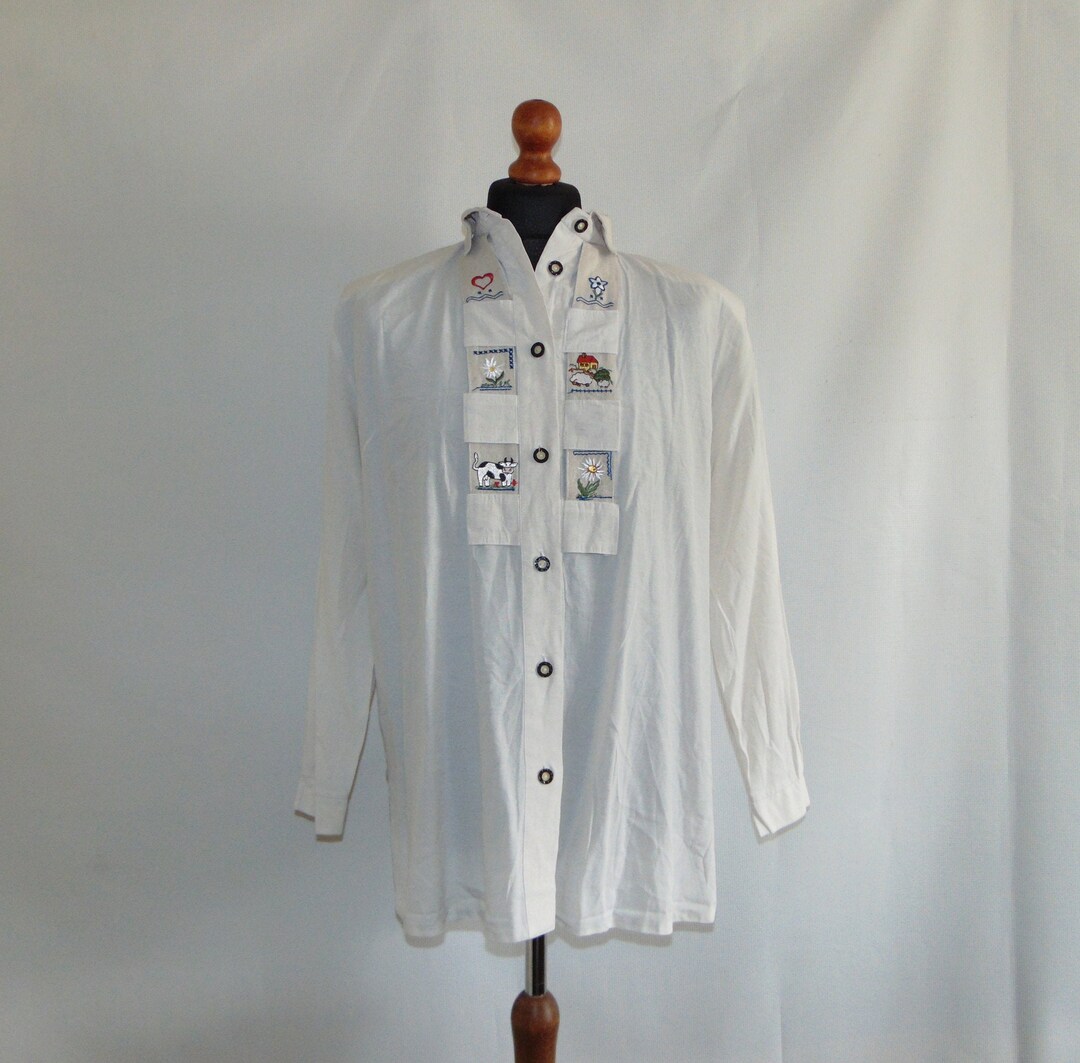90s Country Style Women's Shirt White Peasant Blouse Embroidered Shirt ...