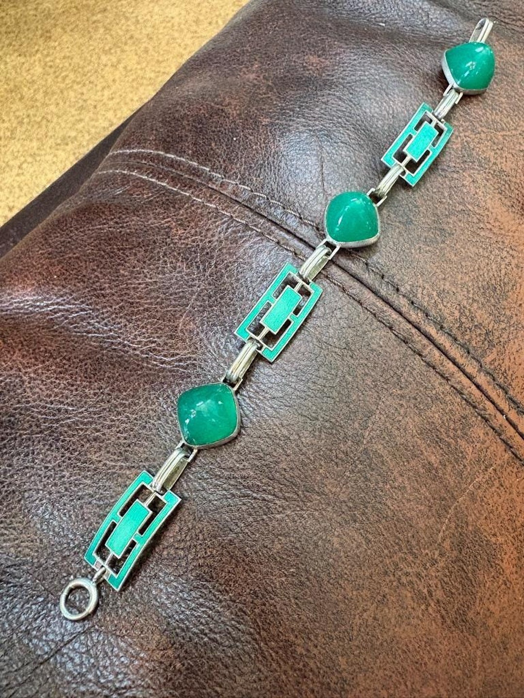 Antique Art Deco Sterling Enamel Chalcedony Sugar Loaf Stone Bracelet ...