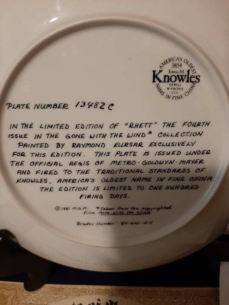 1981 Rhett Butler Collector Plate Bradford Exchange Edwin M. | Etsy