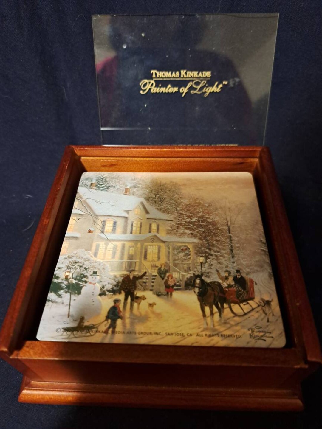 Thomas Kinkade Painter of Light 6 Coasters Wood Box 2000 Holiday/winter ...