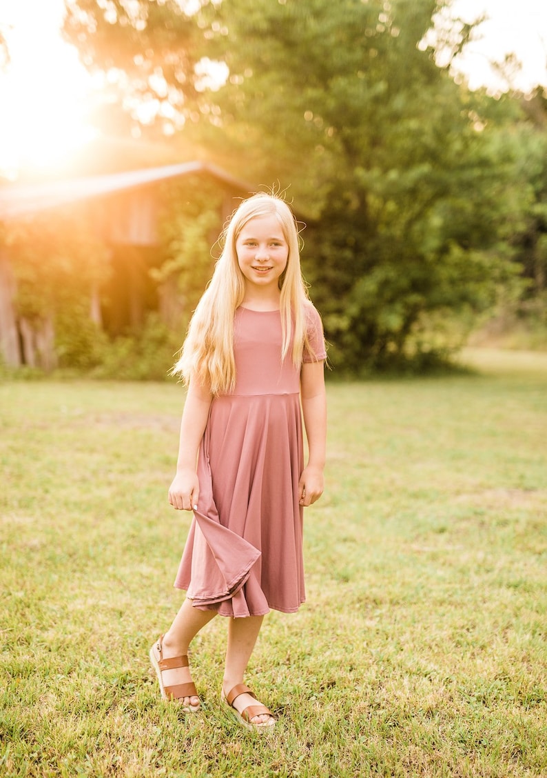 Modest girls dress-twirl dress-tween-mauve solid-ready to | Etsy