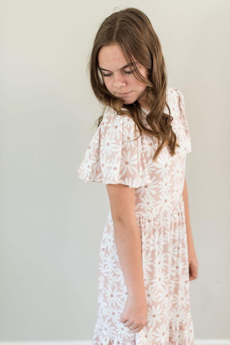 Daisy Beige Girls Dress- Tiered Skirt-midi-bell Sleeves-tween Dress 18/ ...