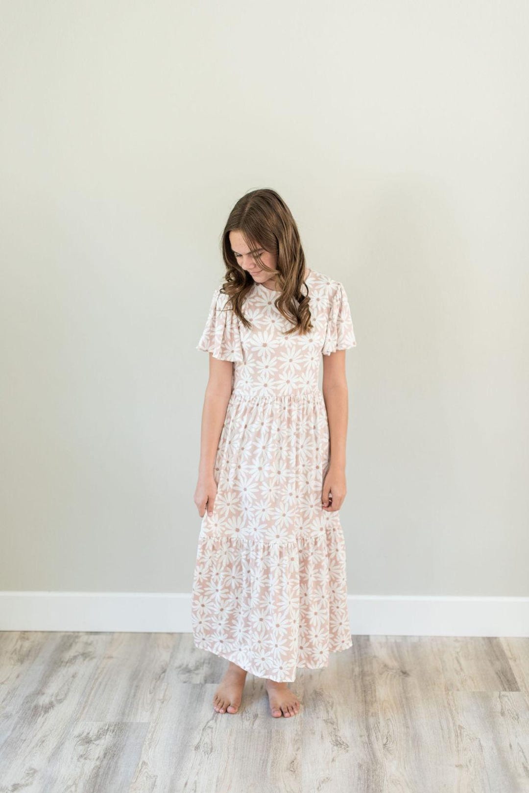 Daisy Beige Girls Dress- Tiered Skirt-midi-bell Sleeves-tween Dress 18/ ...