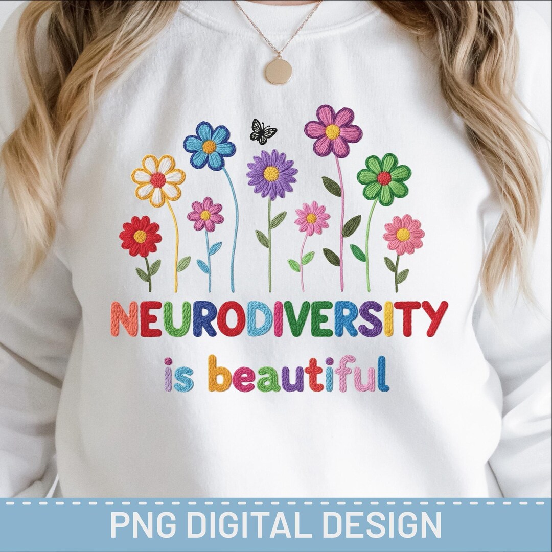Neurodiversity PNG Faux Embroidery, Yarn Colorful Flowers Stitched ...