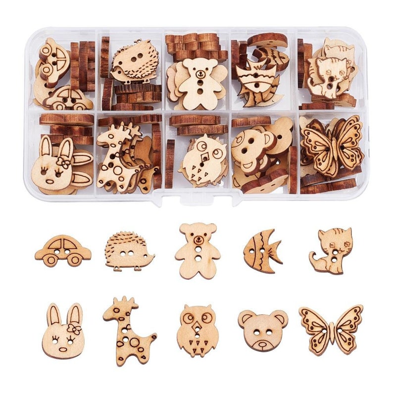 Wooden Buttons Mix 80 Pieces Animals Wood Natural 11 - 24 Mm (0.43 - 0. ...