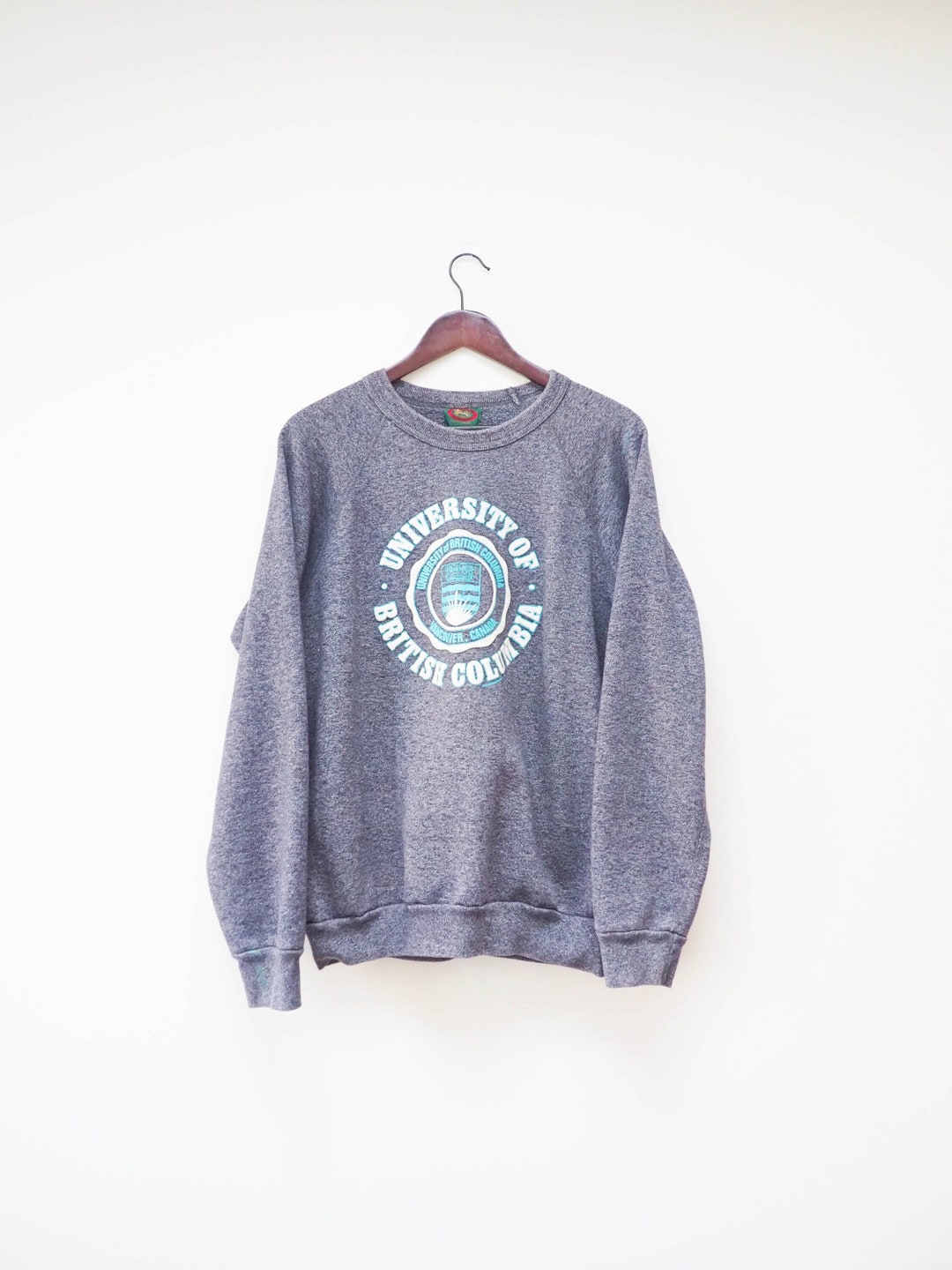 Vtg University of British Columbia Crewneck - 80s UBC Sweatshirt - Grey Teal and White - 1986 ...